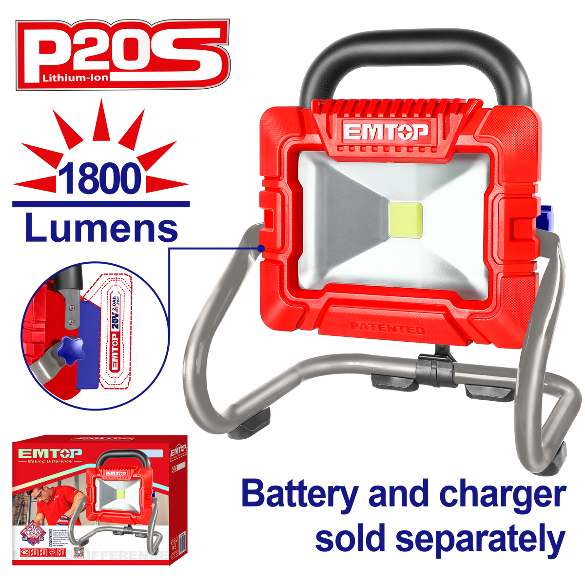 Lámpara de Trabajo EMTOP LWL2025 20V | LED 1800 Lúmenes para Taller y ...